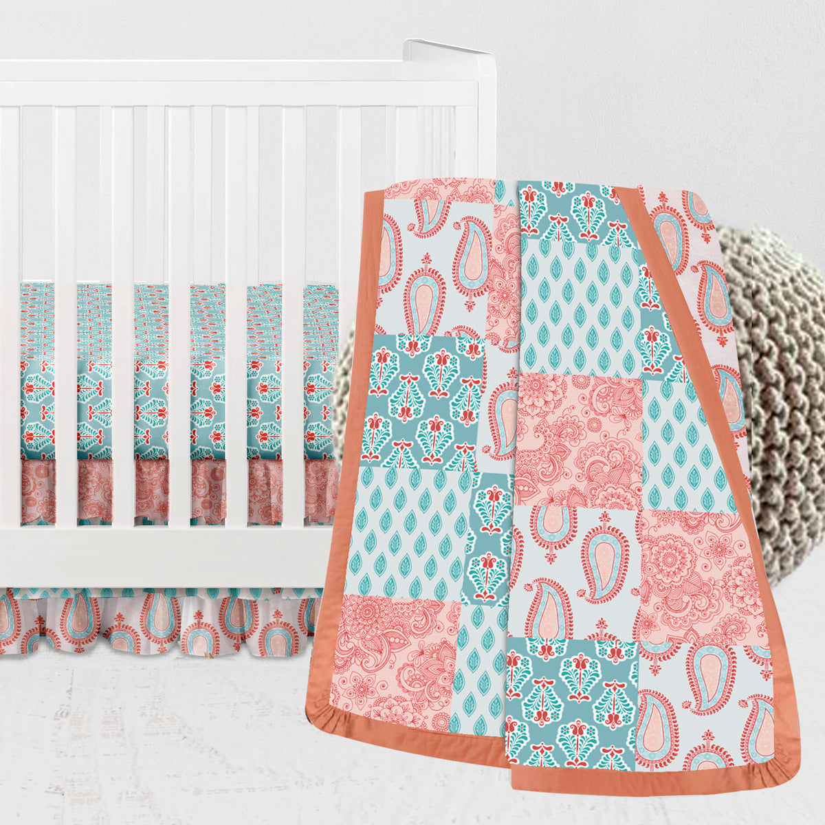 Bacati - Paisley Sophia 3-Piece Crib Bedding Set - Coral/Aqua Girls